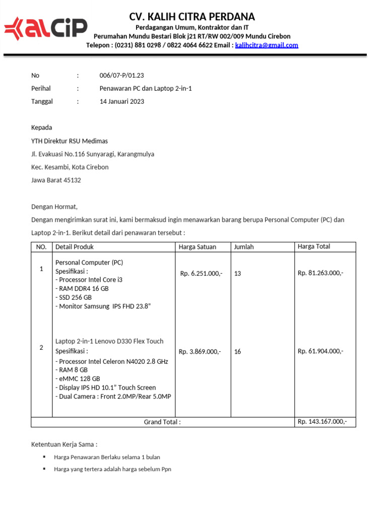 Penawaran PC dan Laptop untuk RS Medimas | PDF