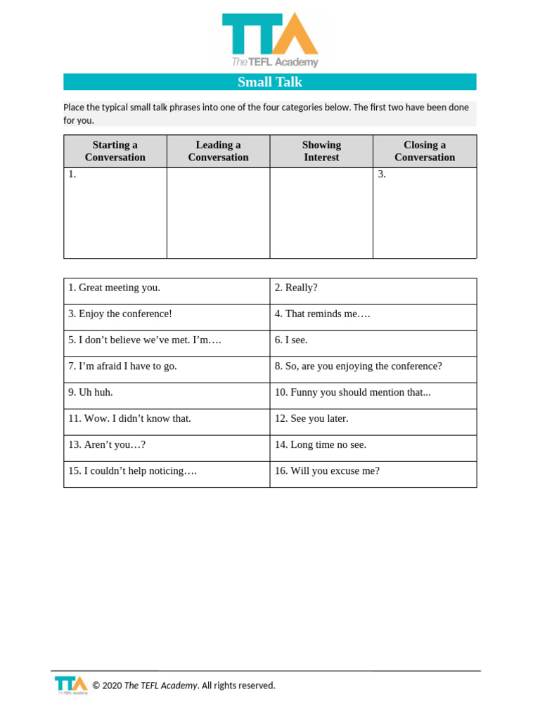 Small Talk Phrases Categorization | PDF