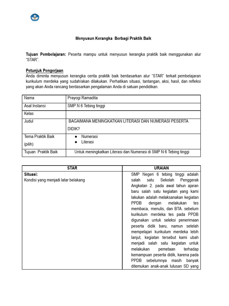 Prayogi Ramadita - SMPN6TEBINGTINGGI - Kerangka PB STAR | PDF