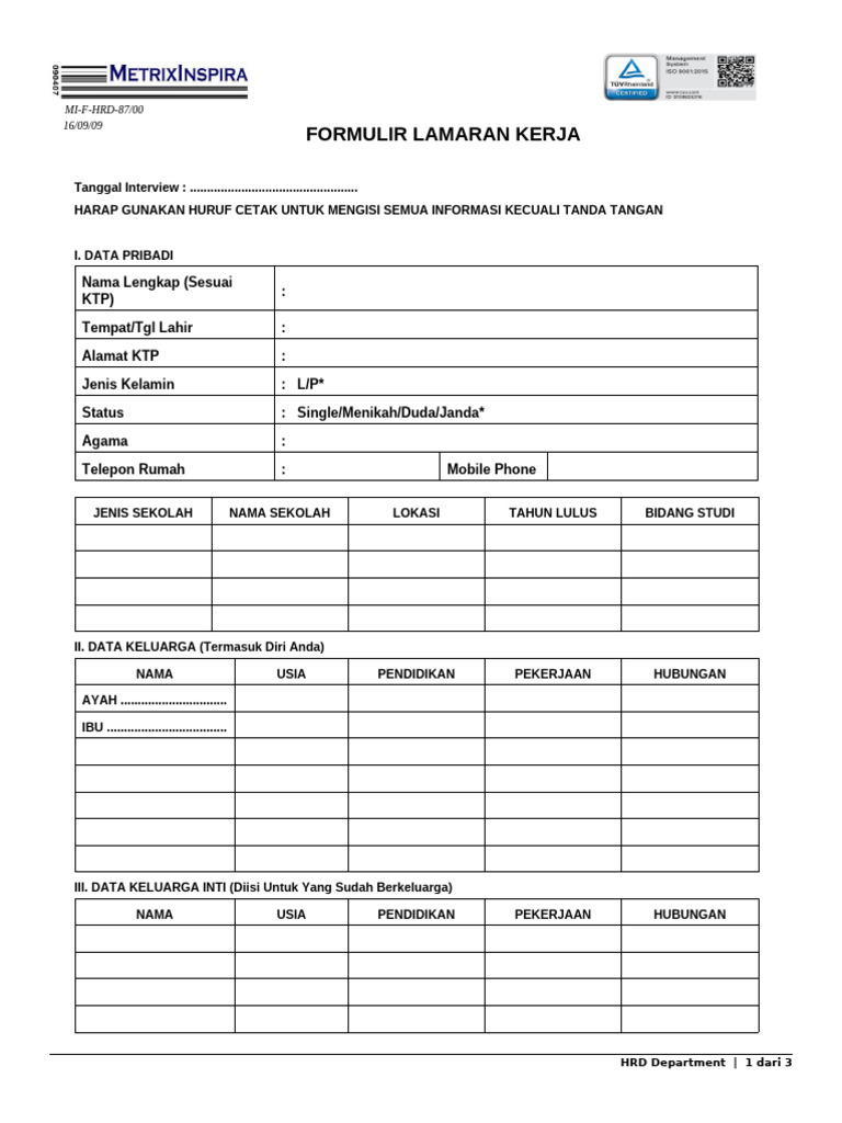 MI-F-HRD-87 Formulir Lamaran Kerja - R1 | PDF