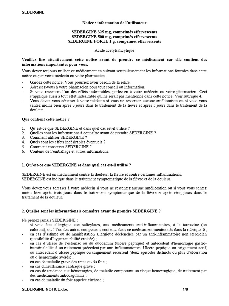 Notice d'utilisation de SEDERGINE | PDF | Aspirine | Allergie