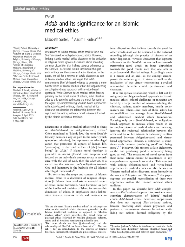Sartell 2015 Adab and Islamic Medical Ethics | PDF | Bioethics | Virtue