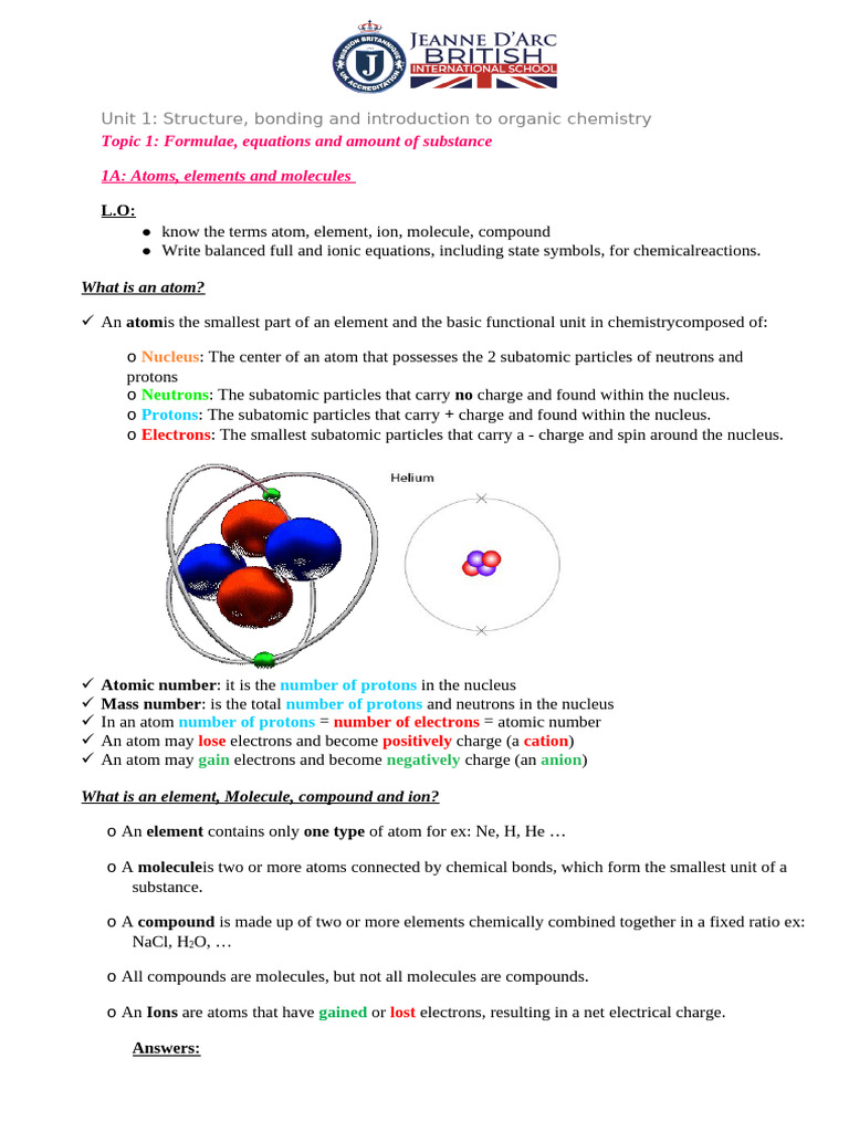 1A Atoms, Elements and Molecules | PDF | Mole (Unit) | Molecules