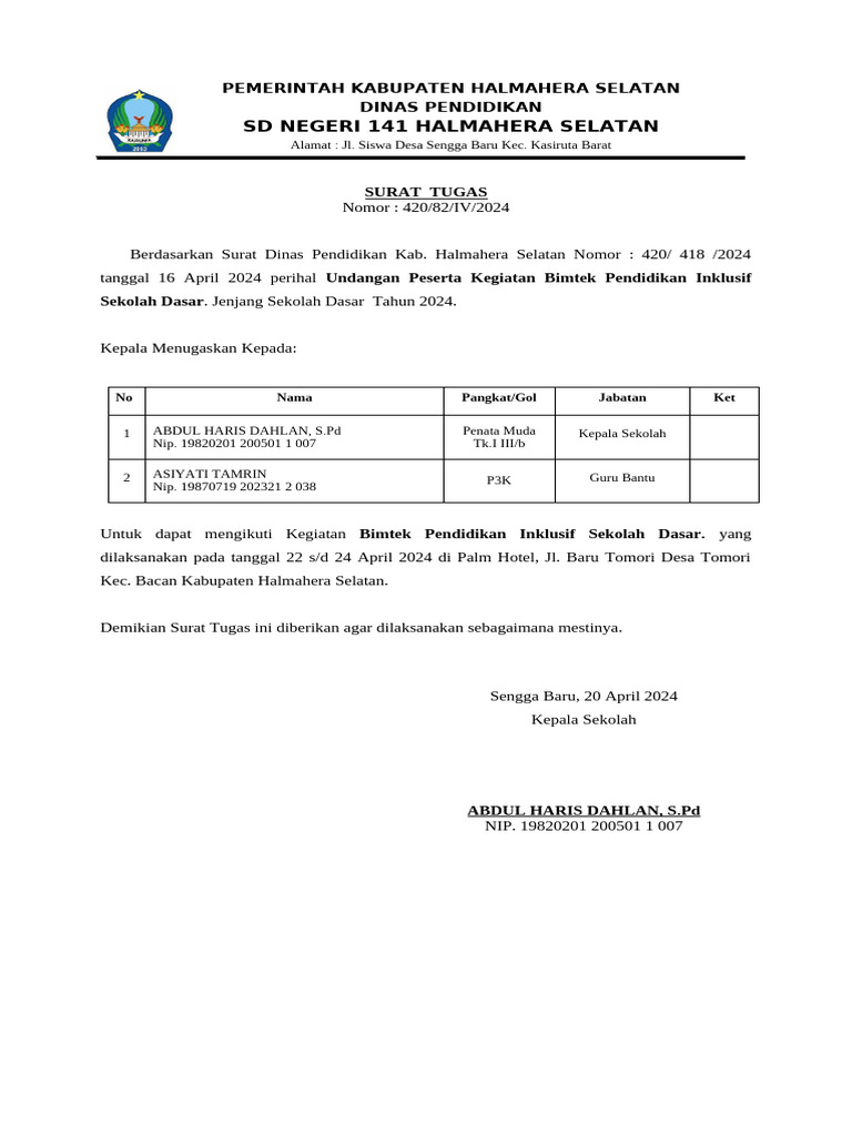 Surat Tugas Bimtek SD 141 Halmahera Selatan | PDF