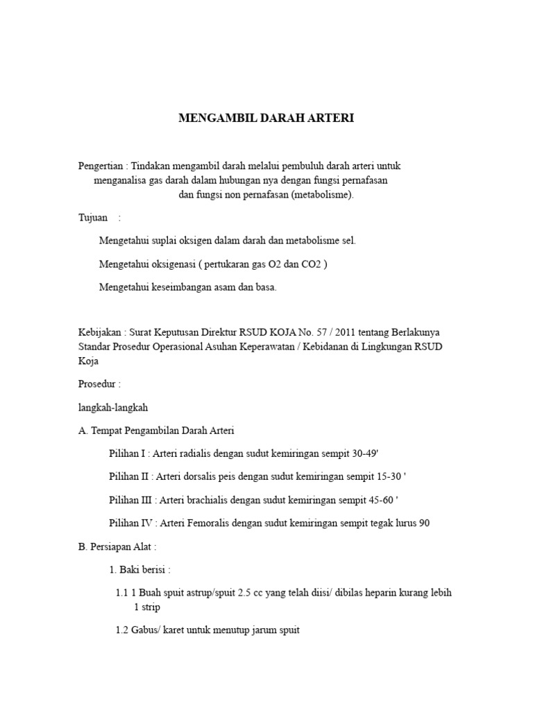 Prosedur Pengambilan Darah Arteri | PDF