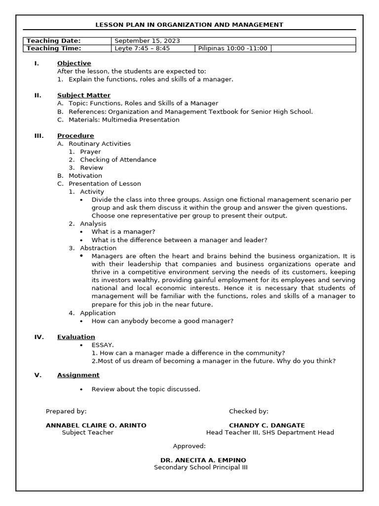 Functions Roles and Skills of A Manager2 | PDF | Teachers | Lesson Plan
