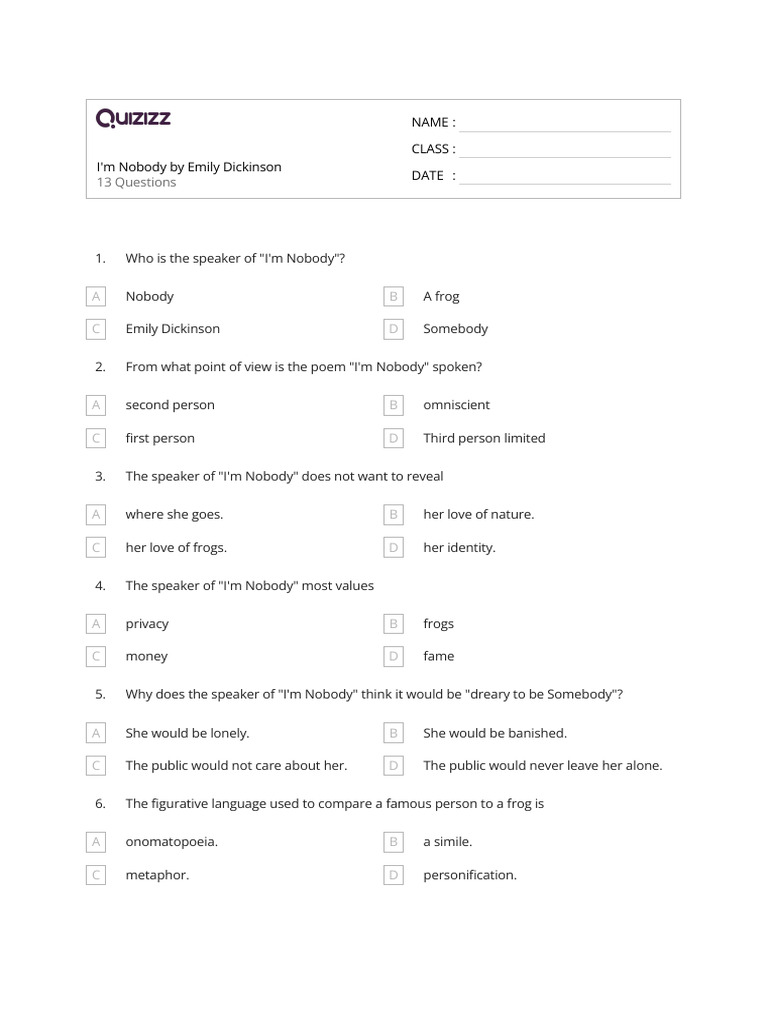 I'm Nobody by Emily Dickinson | PDF | Poetry | Stanzaic Form