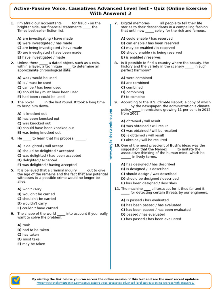 333 - Active Passive Voice Causatives Advanced Level Test Quiz Online ...