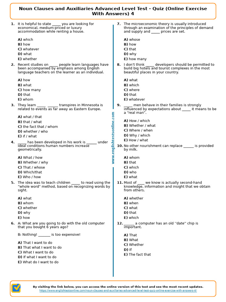 350 - Noun Clauses and Auxiliaries Advanced Level Test Quiz Online ...
