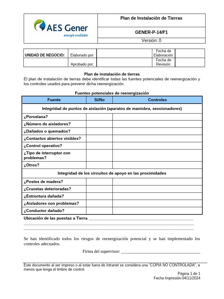 Gener P 14 F1 Plan De Instalación De Tierras V 0 Pdf