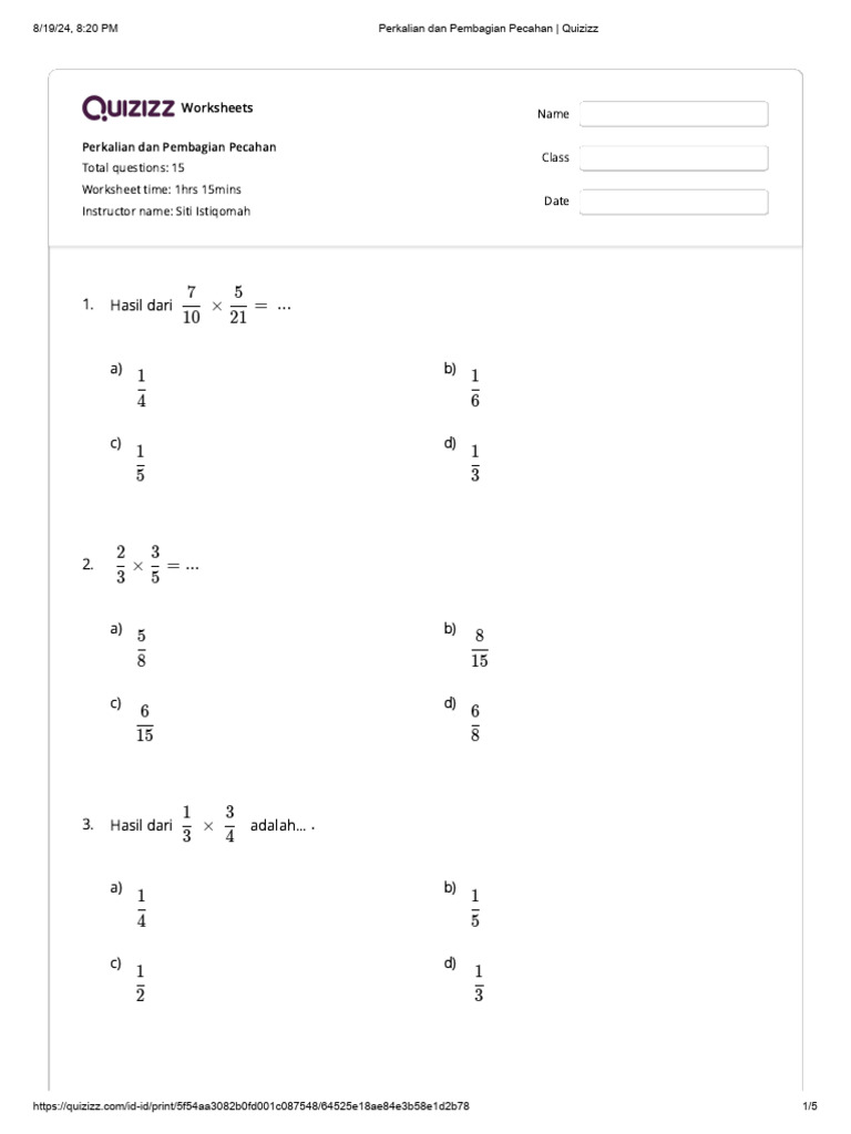 Quizizz - Perkalian Dan Pembagian Pecahan | PDF