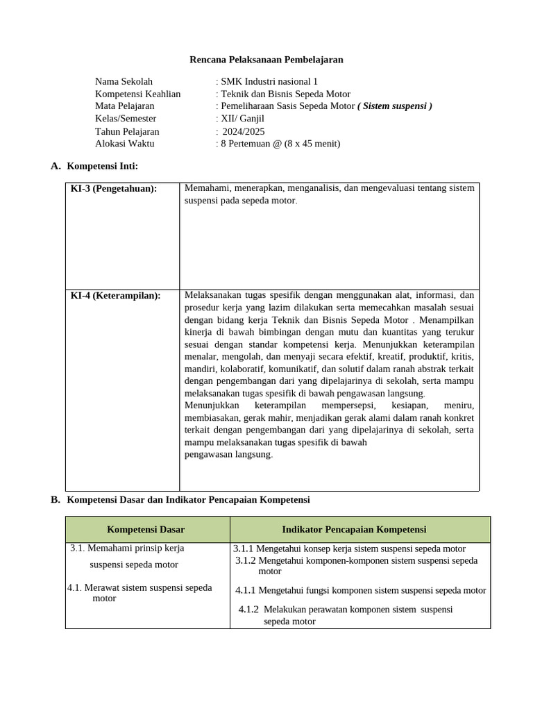 RPP - 01 - P.TBSM - Xii - Irfan Shofwan N - 2024 | PDF