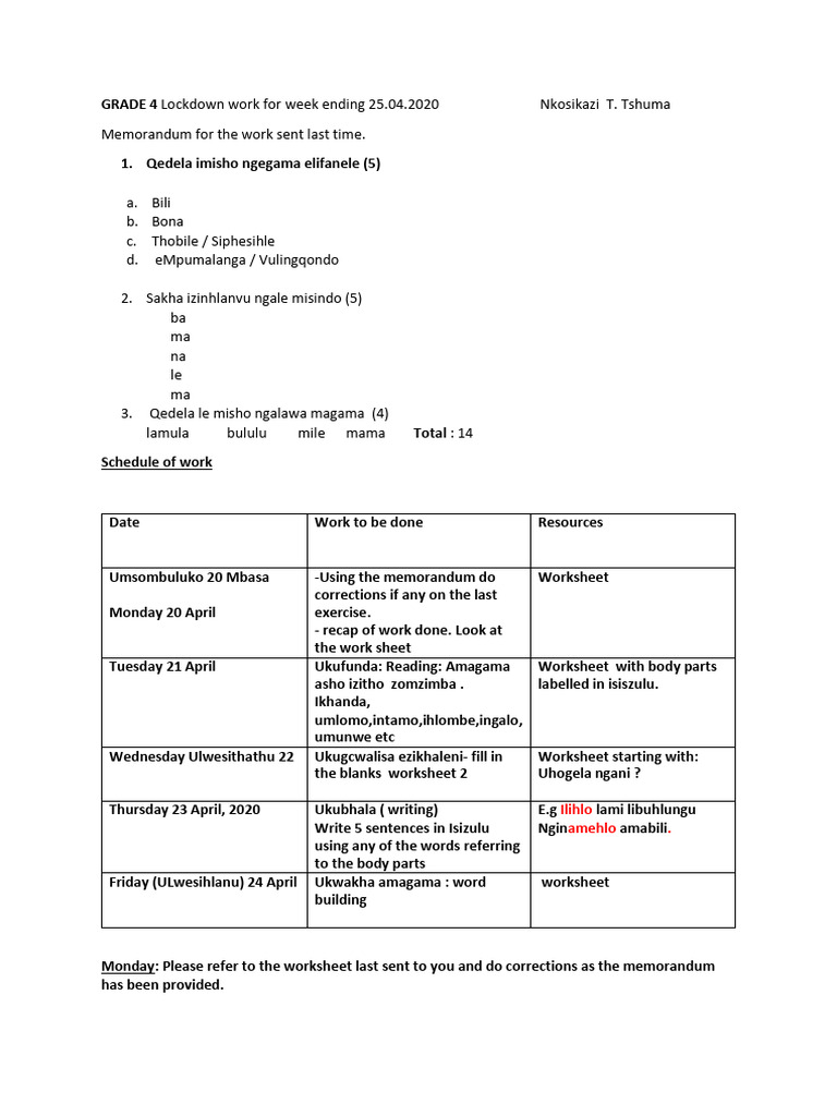 Gr4 Zulu Week5 | PDF