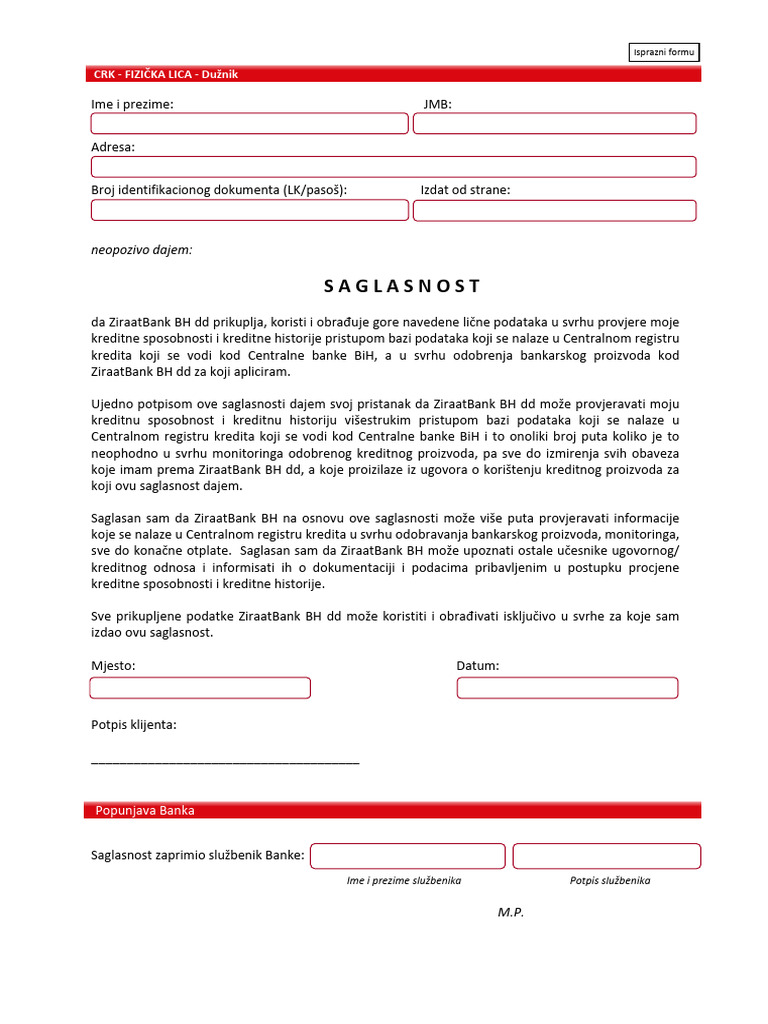 CRK Saglasnost Dužnika - Fizičko Lice | PDF