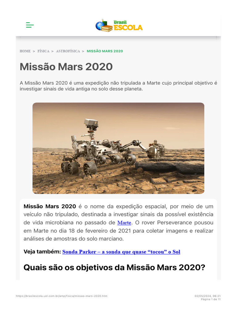 Missão Mars 2020: Vida em Marte? | PDF | Marte | Nasa