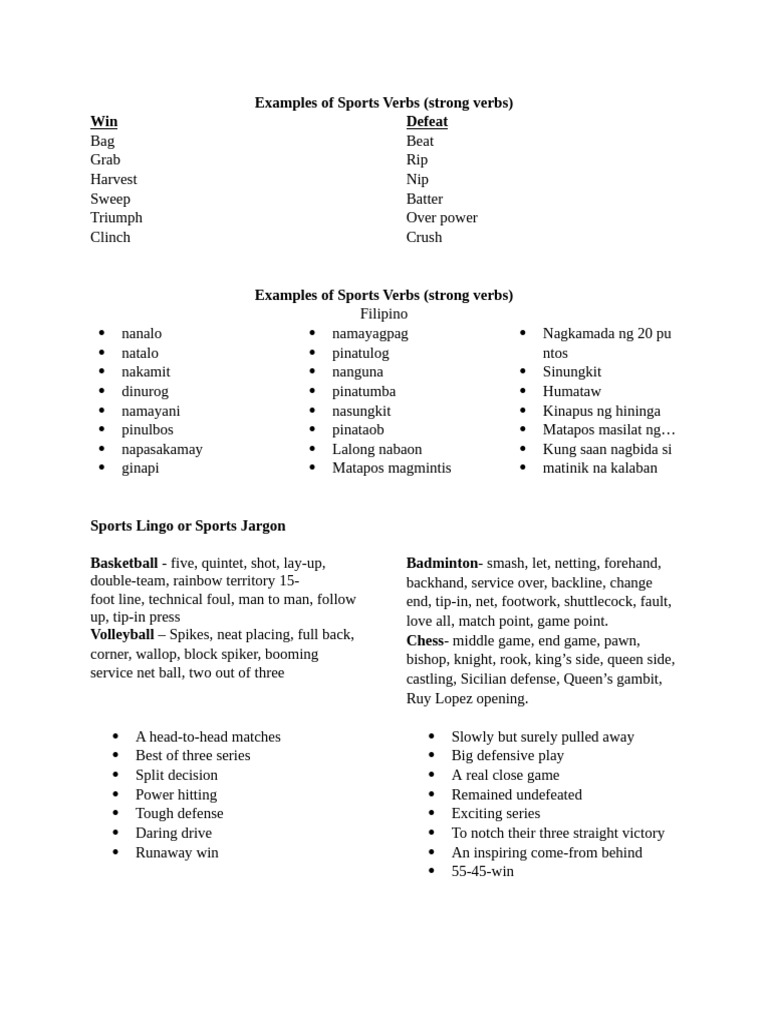 Examples of Sports Verbs-Additional | PDF | Sports | Games Of Physical ...