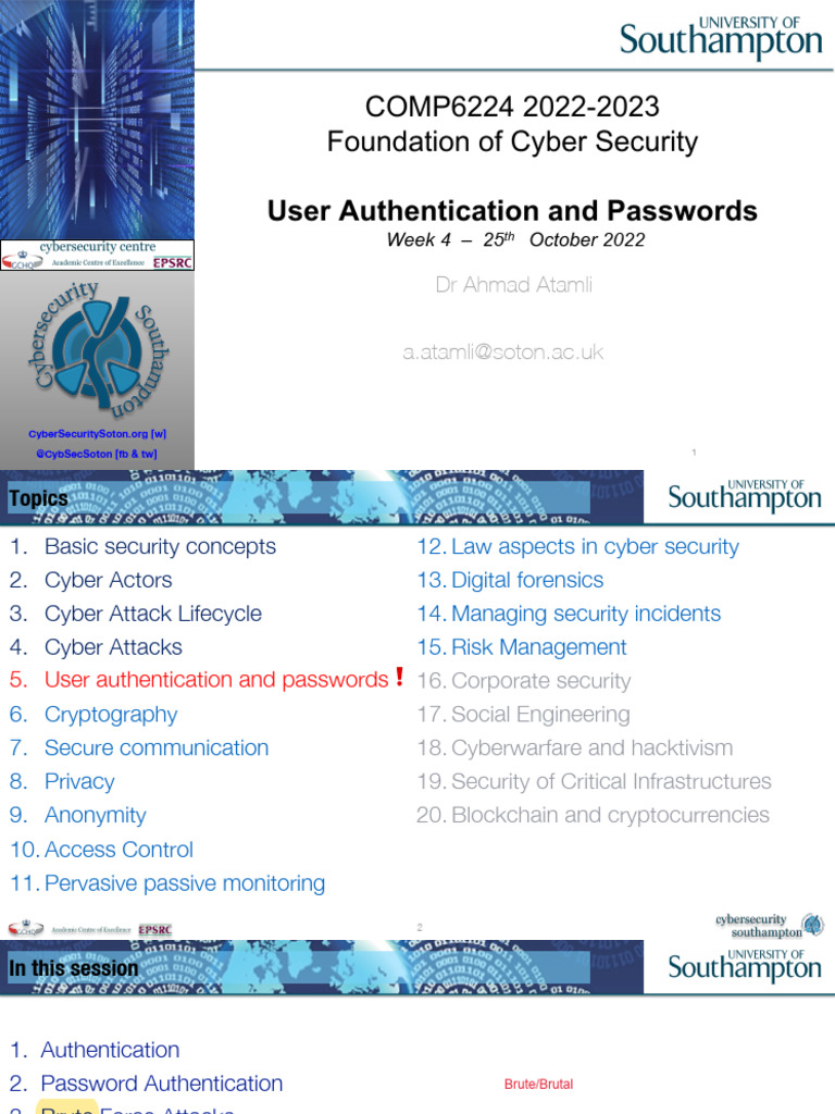 COMP6224-2223-Week4.2-Authentication_I_AA | PDF | Password | Authentication