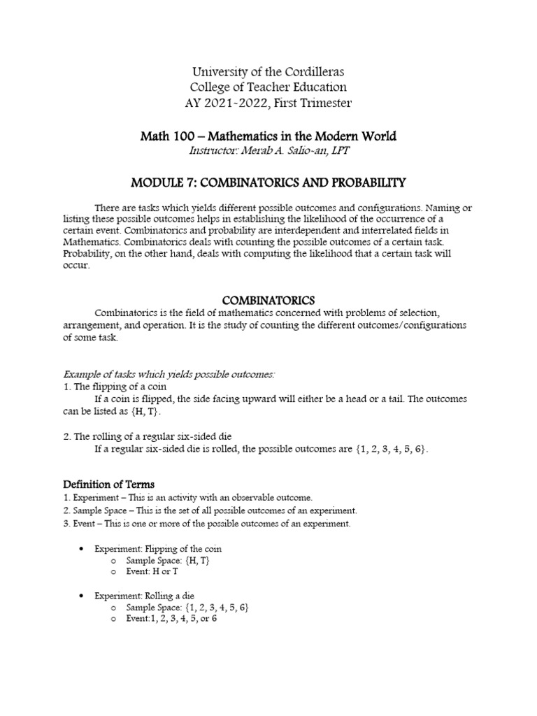 Module 5 - Combinatorics and Probability (Handout) | PDF | Probability ...