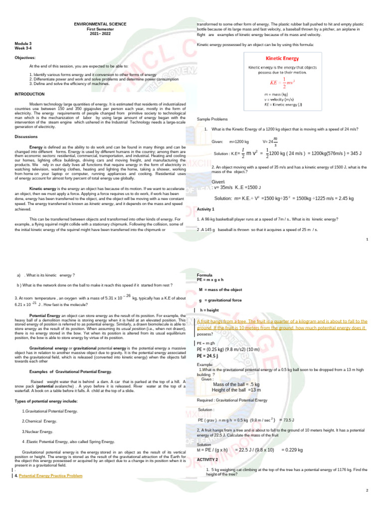 Module 3 WK3 4 Enviromental Science3 4 Final | PDF | Potential Energy | Atoms