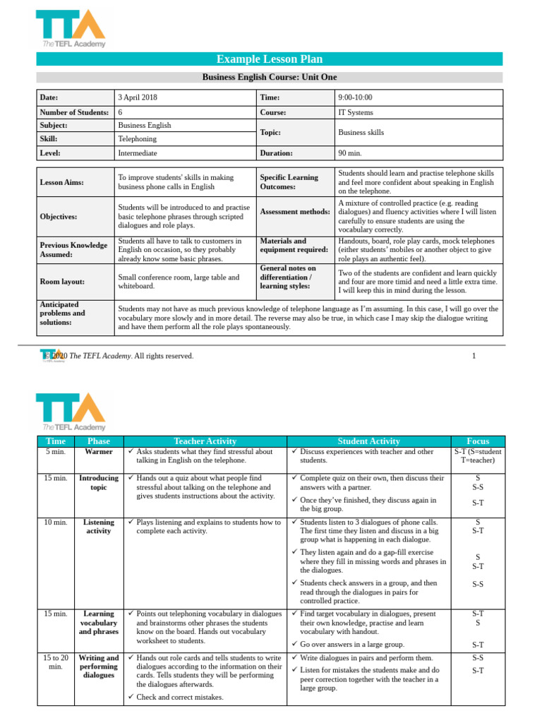 Business English Telephoning Lesson Plan | PDF | English Language ...