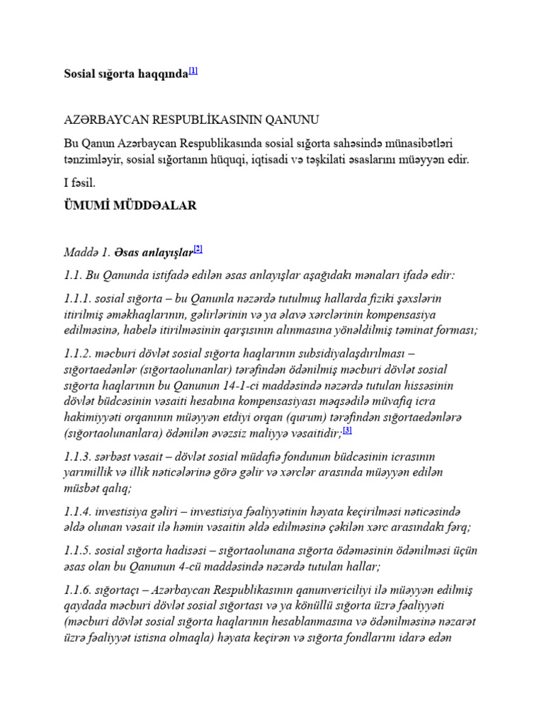 Sosial Sigorta Haqqinda Qanun | PDF