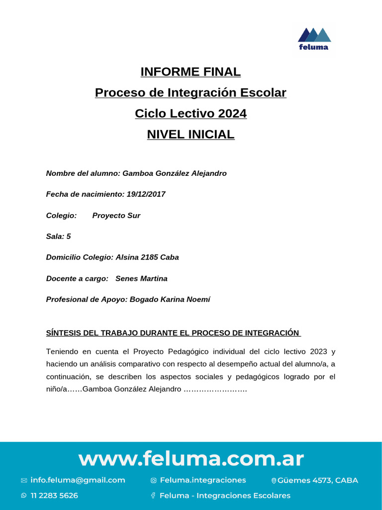INFORME EVOLUTIVO FINAL NIVEL INICIAL | PDF | Educación de la primera infancia