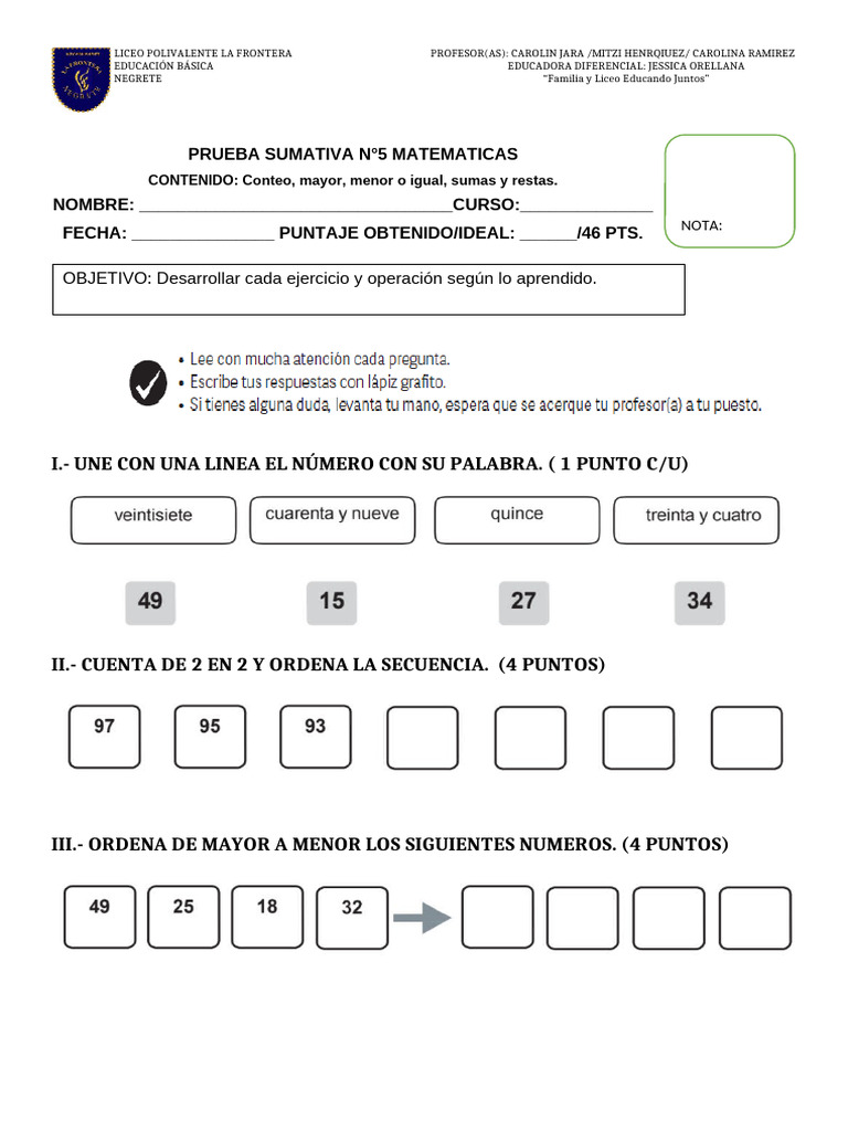 Prueba Matemáticas Básica: Conteo y Operaciones | PDF | Matemáticas
