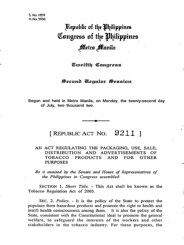 RA 9211 Tobacco Regulation Act 2003 | PDF | Advertising | Tobacco Smoking