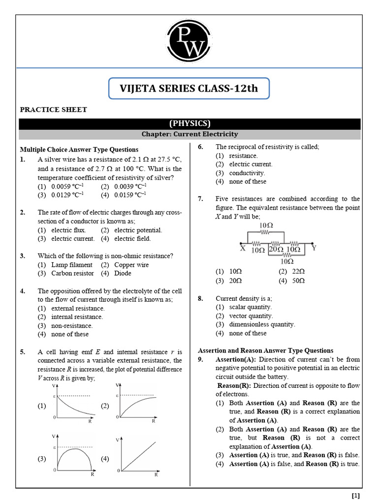 Current Electricity - Practice Sheet | PDF | Electrical Resistance And ...