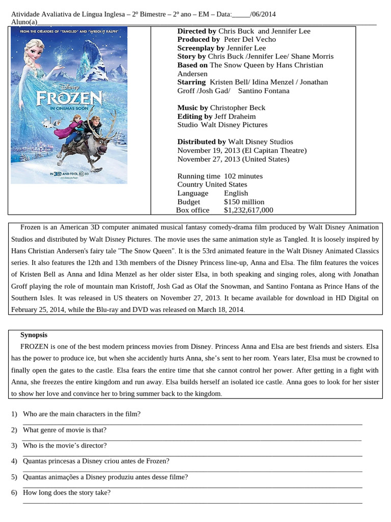 frozen-film-reading-comprehension-exercises_79004 | PDF