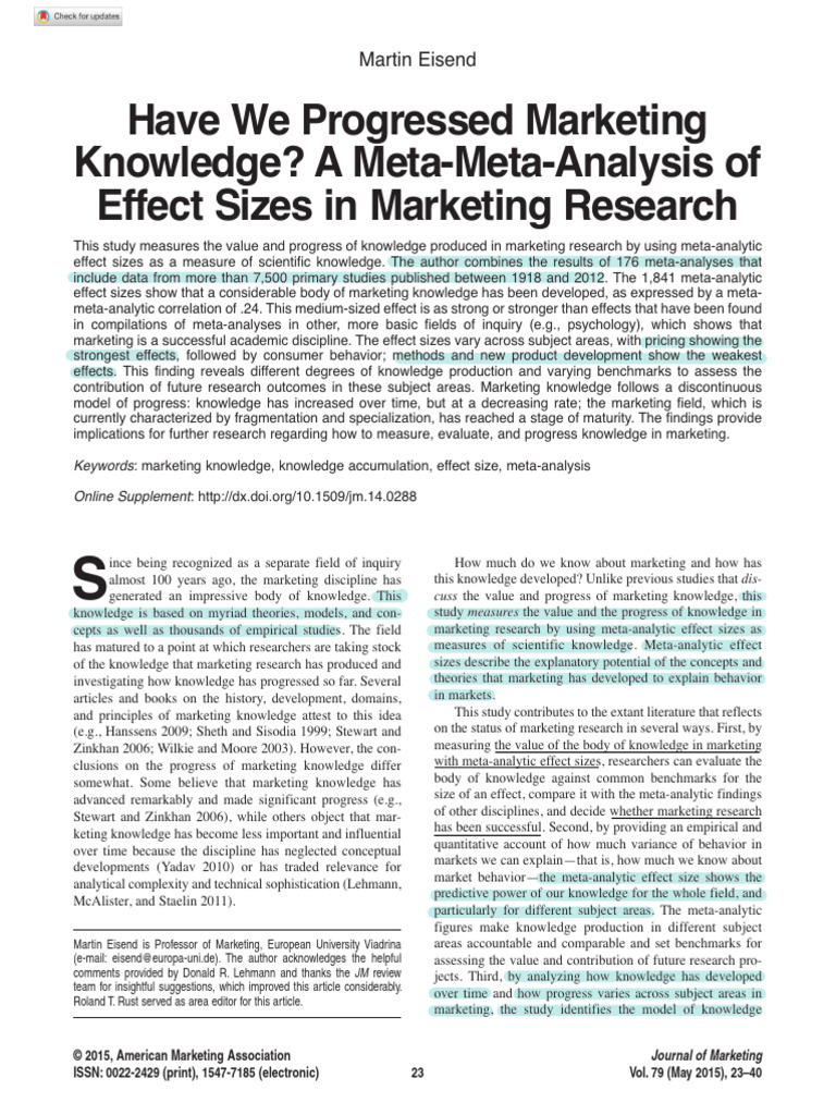 Eisend 2015 Have We Progressed Marketing Knowledge A Meta Meta Analysis of Effect Sizes in ...