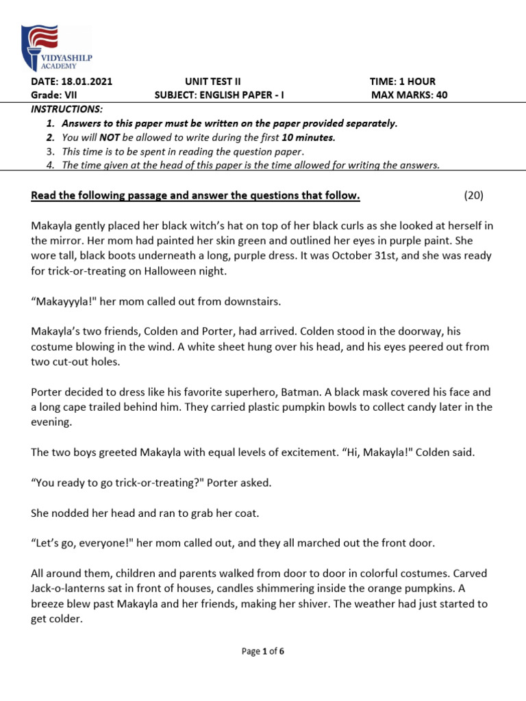 Grade 7 Language Paper 1 (18.01.2021) | PDF | Trick Or Treating | Halloween