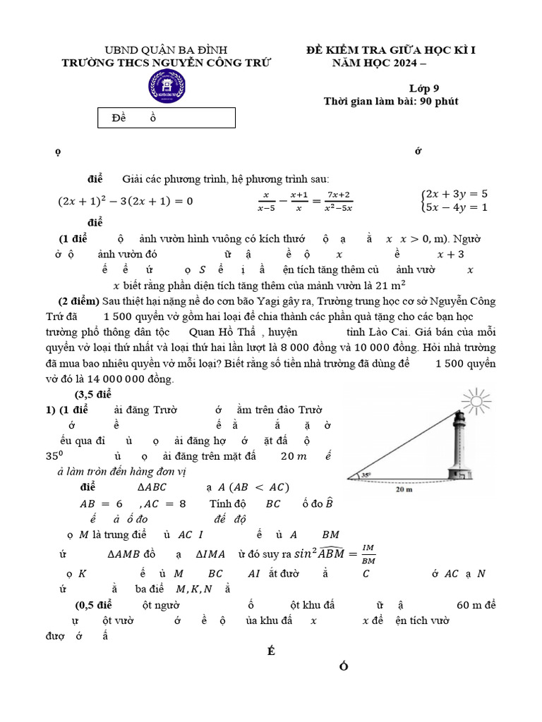De Giua Hoc Ki 1 Toan 9 Nam 2024 2025 Truong Thcs Nguyen Cong Tru Ha Noi | PDF