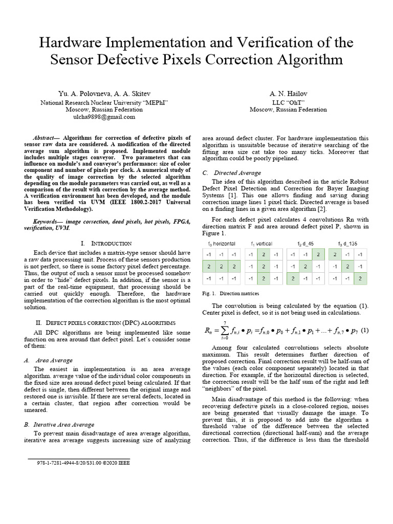 Sensor Defective Pixel Correction Pdf Algorithms Pixel