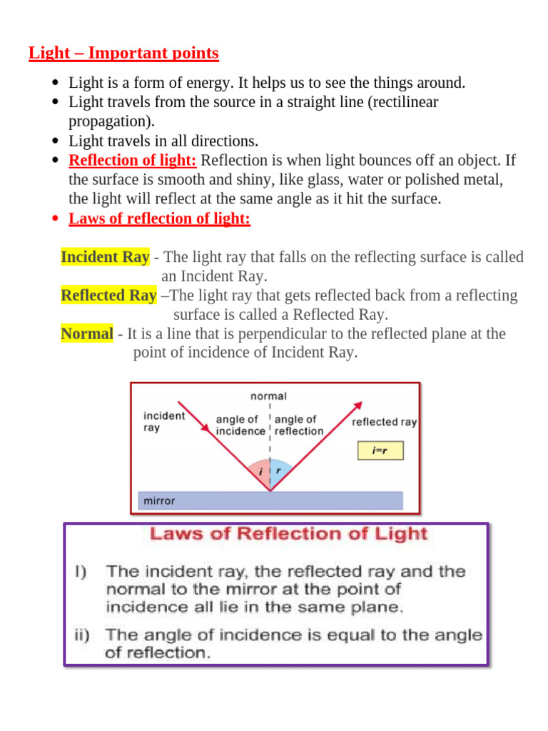 Light - Important Points | PDF | Mirror | Atomic