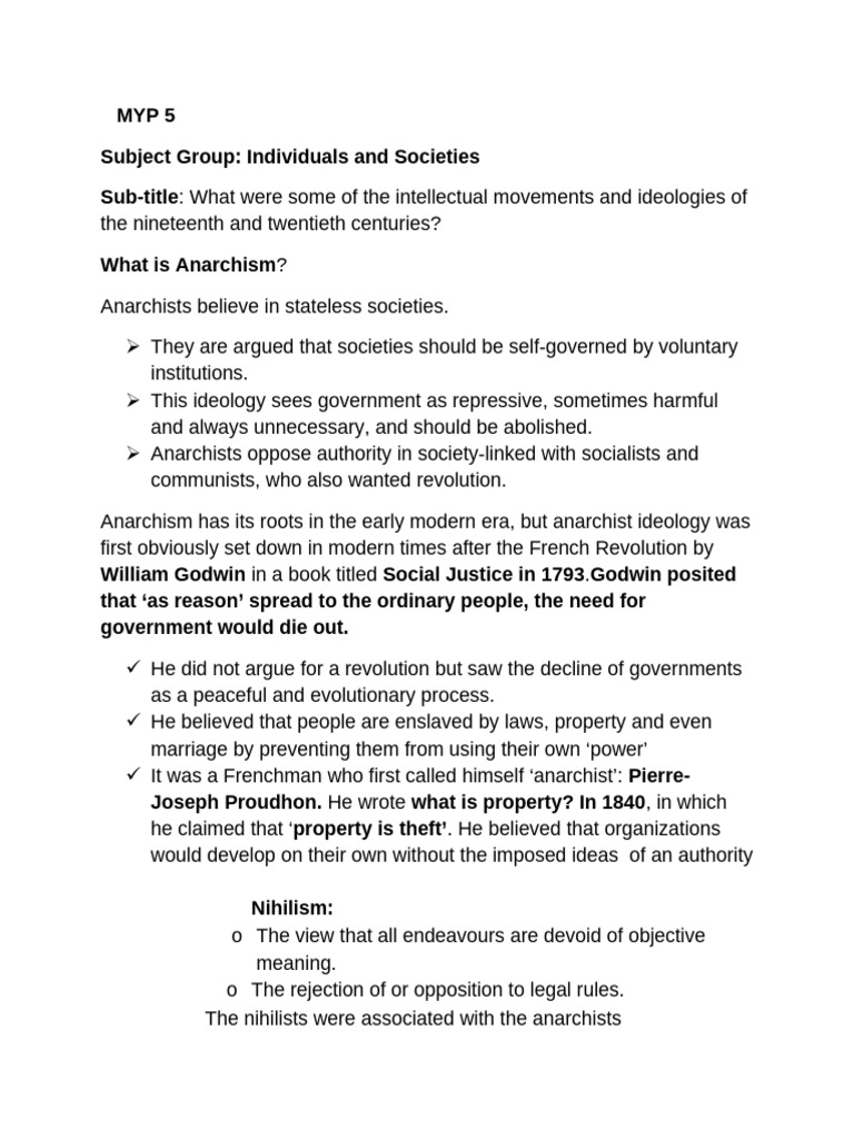 Ib Myp 5 History Lesson-Ideological Movements | PDF | Anarchism | Communism