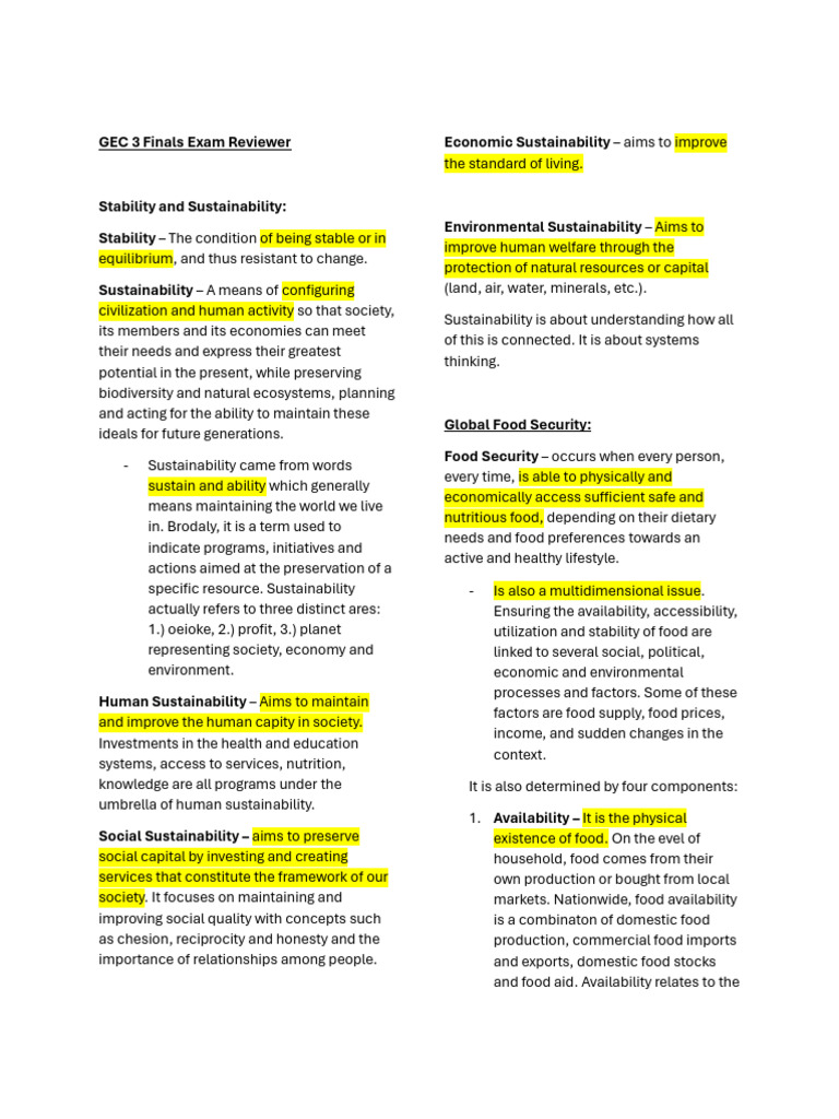 GEC 3 Finals Exam Reviewer | PDF | Sustainability | Food Security