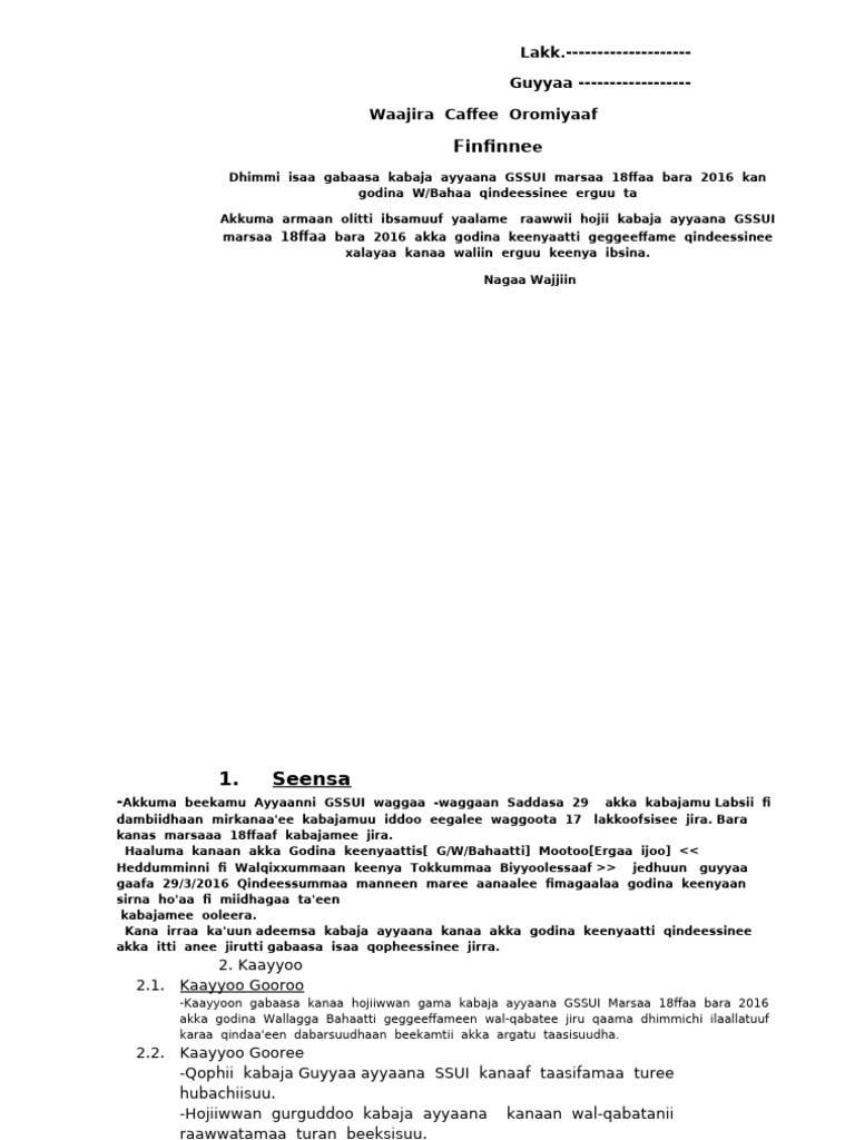 Gabaasa Ayyaana Sabaaf Sab-Lammii Bara 2016 G W Bahaa | PDF