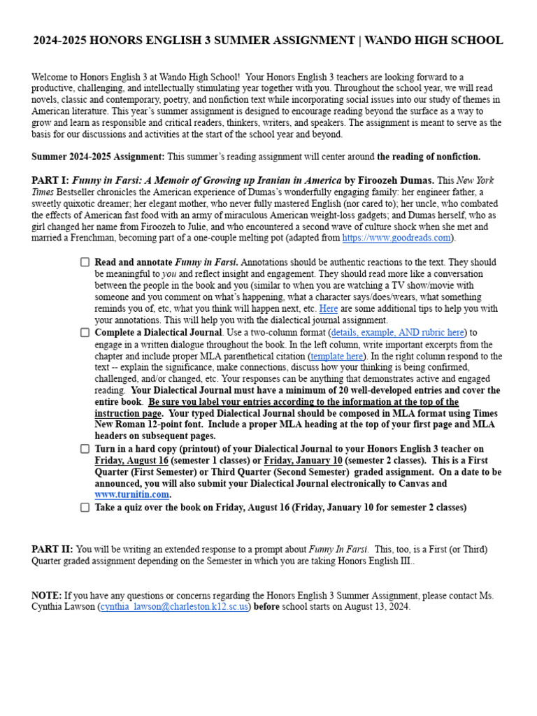 2024 English 3 Honors Summer Reading | PDF