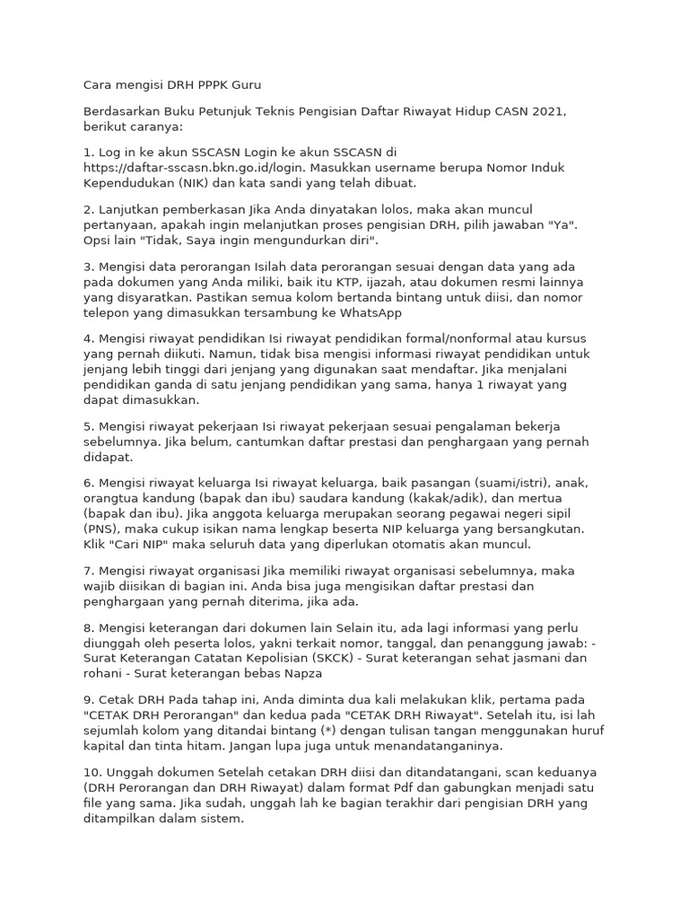 Panduan Lengkap Pengisian DRH PPPK Guru | PDF