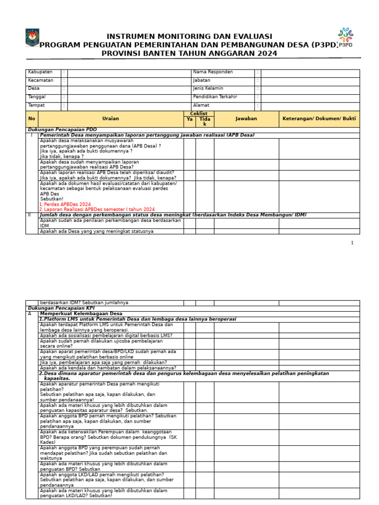 Form Instrumen Monev P3PD 2024 Dan TIm Mone RMC Banten | PDF | Ilmu Sosial