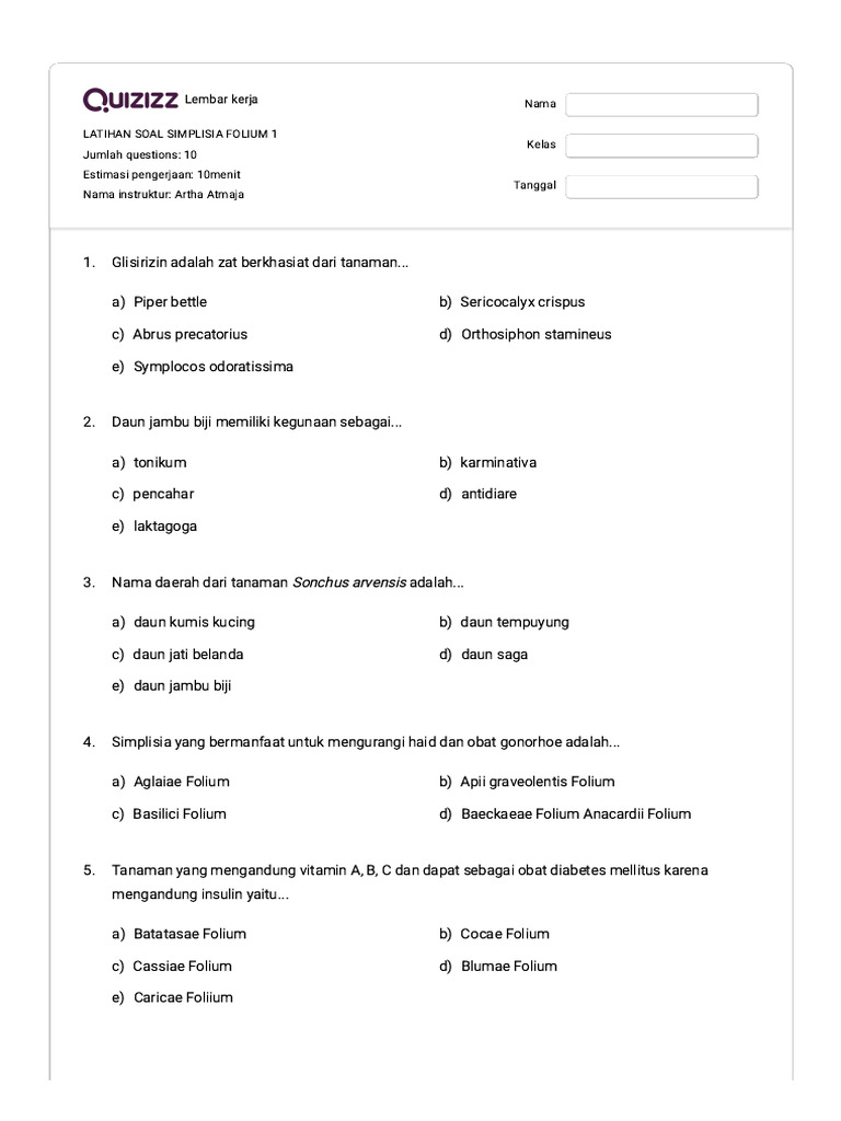 LATIHAN SOAL SIMPLISIA FOLIUM 1 - Quizizz | PDF | Sains & Matematika