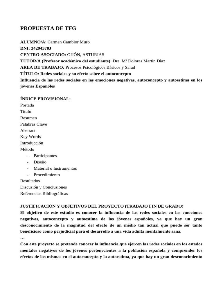 Propuesta de TFG | PDF | Autoestima | Las emociones