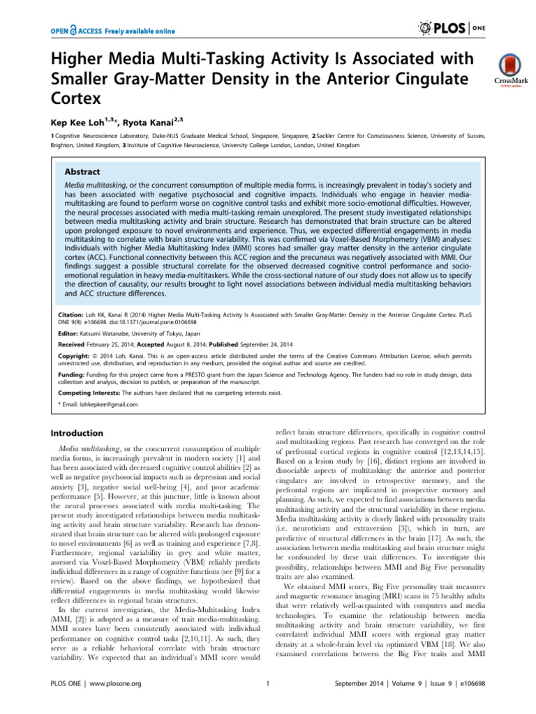 Higher Media Multi-Tasking Activity | PDF | Anterior Cingulate Cortex | Dependent And ...