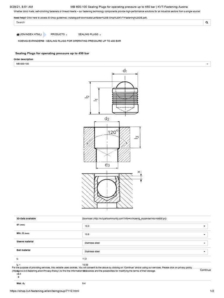 MB 600-100 Sealing Plugs For Operating Pressure Up To 450 Bar - KVT ...