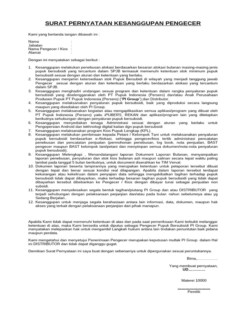 Surat Pernyataan Kesanggupan Pengecer | PDF | Pengelolaan Keuangan & Uang
