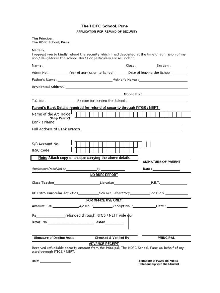 Security Refund Application for School | PDF
