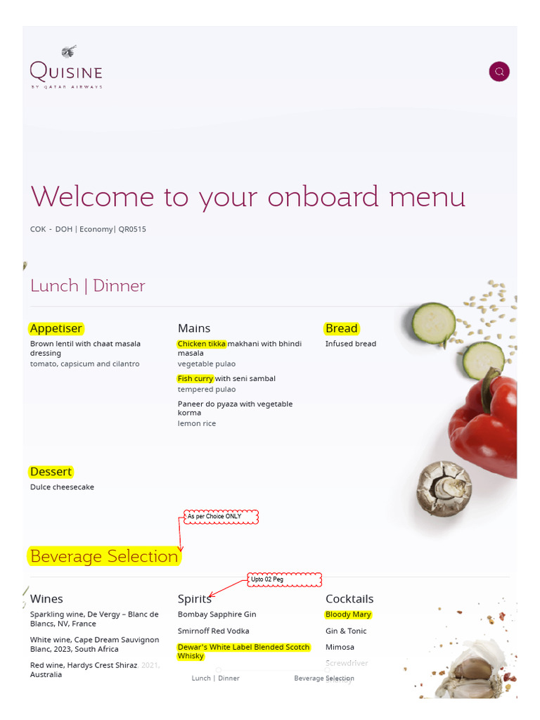 Qatar Airways Economy Class Menu | PDF | Drink | Cocktails