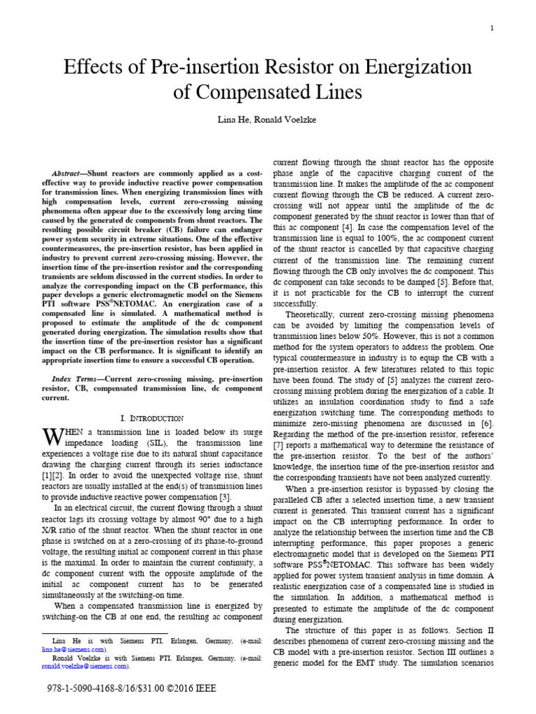 Effects of Pre-Insertion Resistor On Energization of Compensated Lines ...