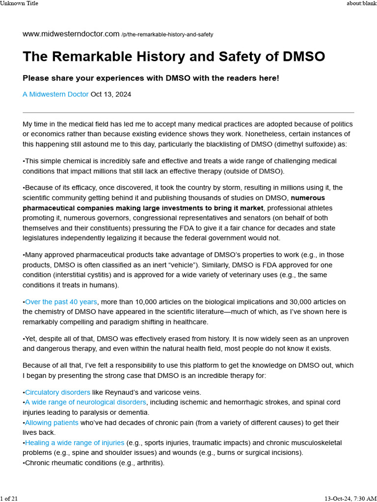 The Remarkable History and Safety of DMSO | PDF | Dimethyl Sulfoxide | Toxicity